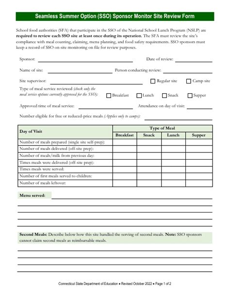 Connecticut Seamless Summer Option Sso Sponsor Monitor Site Review