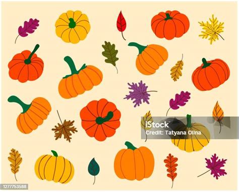 추수 감사절 할로윈에 호박과 낙엽으로 가을 세트 스티커 엽서 패키지 등의 디자인 손으로 그린 벡터 0명에 대한 스톡 벡터 아트