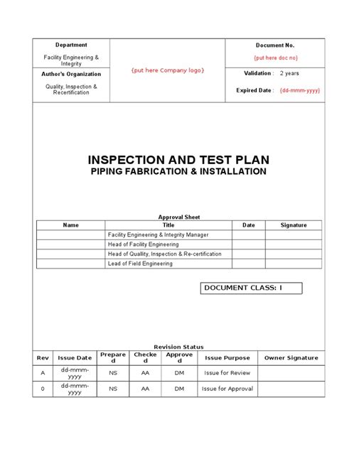 Inspection And Test Plan Piping Fabrication And Installation Pdf Nondestructive Testing