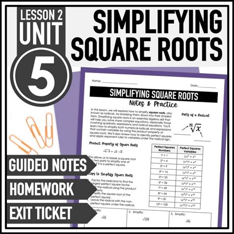 Simplifying Square Roots With Variables Algebra 2 Lesson Guided Notes Homework