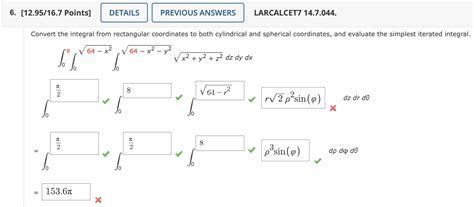 solved convert the integral from rectangular coordinates to