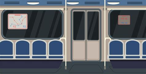 현대적인 지하철 내부 디자인 좌석과 지도가 있는 지하철을 운행하는 통근 도시 대중 교통의 빈 지하철 객실 내부 프리미엄 벡터