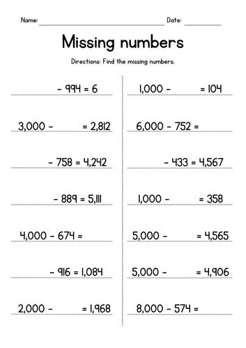 Subtracting 3 Digit Numbers From Whole Thousand Missing Numbers