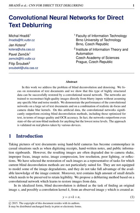 Pdf Convolutional Neural Networks For Direct Text Deblurring