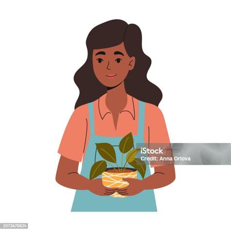앞치마를 두르고 손에 화분을 들고 있는 행복 한 여자 도시 정원 가꾸기 벡터 일러스트 레이 션입니다 가루로 빻은에 대한 스톡