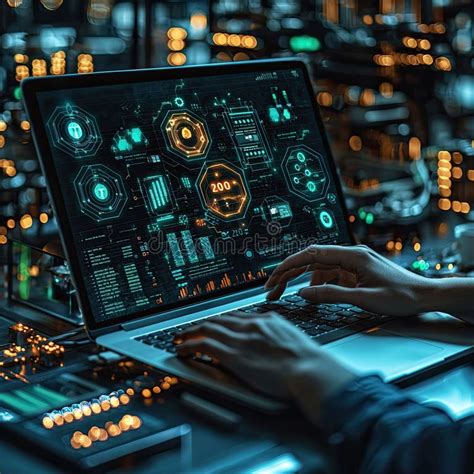 Data Analysis On Laptop With Glowing Hud Modern Tech Environment Futuristic Interface For