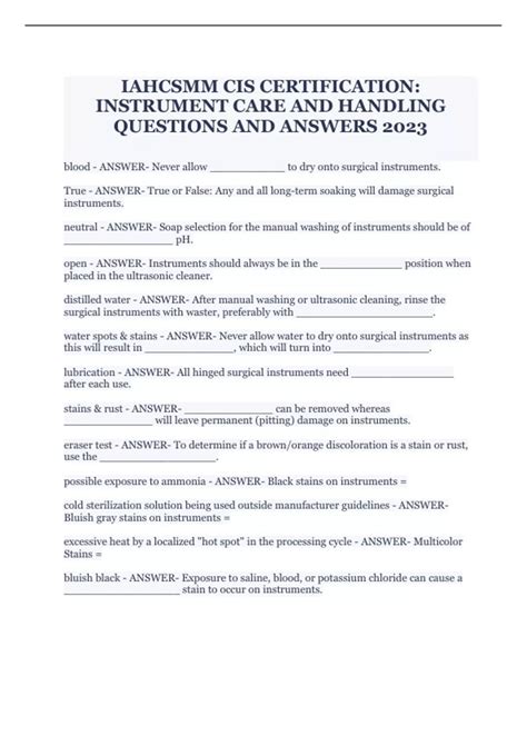 IAHCSMM CIS CERTIFICATION INSTRUMENT CARE AND HANDLING QUESTIONS AND ANSWERS 2023 IAHCSMM