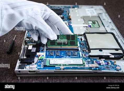 Close Up Macro Brush Working Cleaning The Broken Laptop Disassembled Modern Ultrabook Without