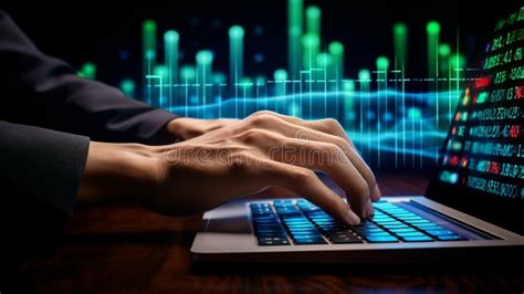 Close Up View Of Hands Over Keyboard Projecting Real Time Financial