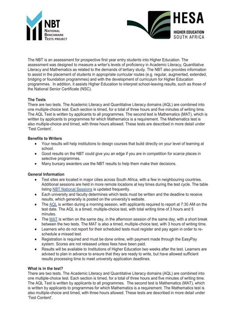 Nbt Test Faculty Of Health Sciences University Of The Free State