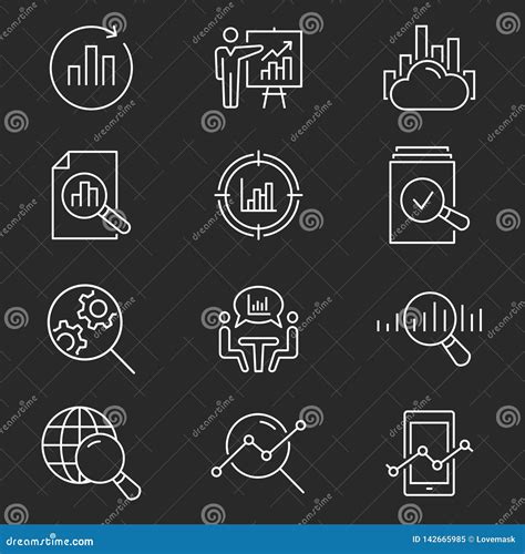Data Analysis Vector Icon Set On Black Background Stock Vector Illustration Of Magnifier