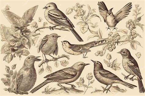 Premium Ai Image Engraved Vintage Set Of Birds Elements Generate Ai
