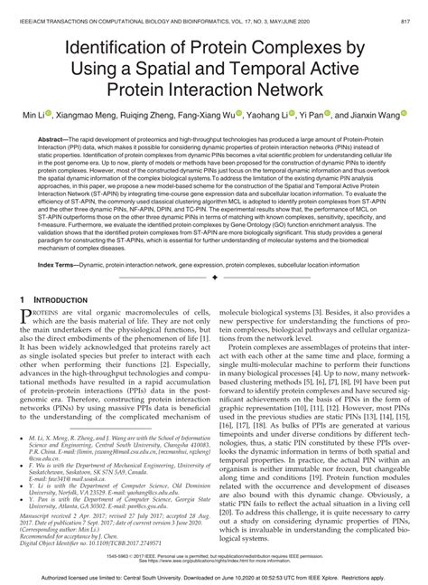 Pdf Identification Of Protein Complexes By Using A Spatial And Temporal Active Protein