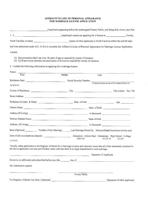 Nc Affidavit In Lieu Of Personal Appearance For Marriage License