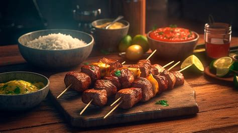 Premium Photo Brazilianstyle Meat Skewers With Side Dishes Such As