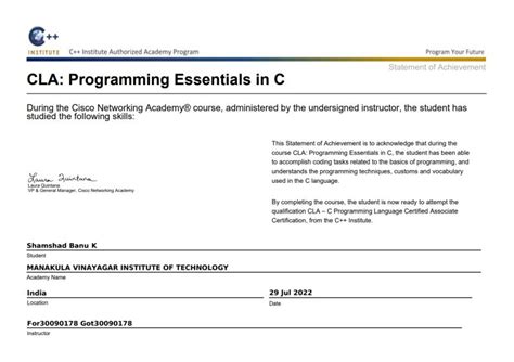 Completed Cisco Networking Academy Course Shamshad Banu K Posted On