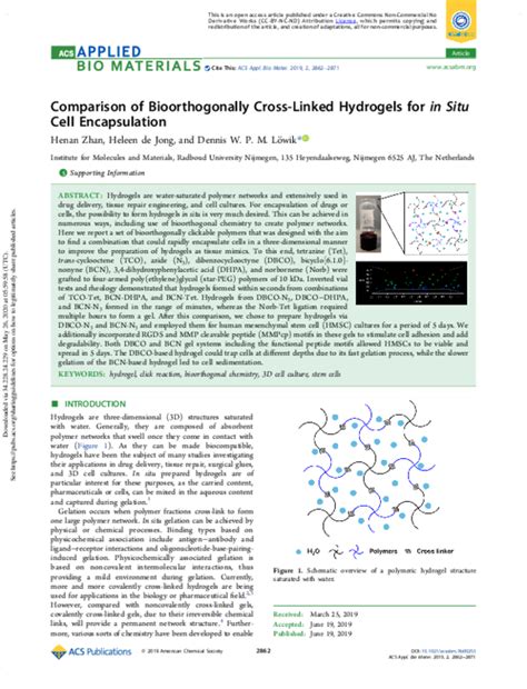 Pdf Comparison Of Bioorthogonally Cross Linked Hydrogels For In Situ Cell Encapsulation