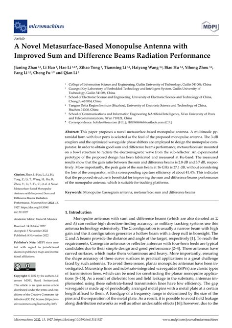 Pdf A Novel Metasurface Based Monopulse Antenna With Improved Sum And Difference Beams