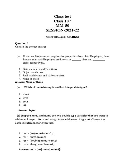 Class Test Class 10 Mm 50 Session 2021 22 Section A 30 Marks Pdf Parameter Computer