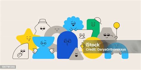 다른 얼굴 감정 아이들을위한 재미있는 포스터 아이디어와 귀여운 만화 기하학적 인물 다채로운 캐릭터 트렌디 한 벡터 일러스트레이션