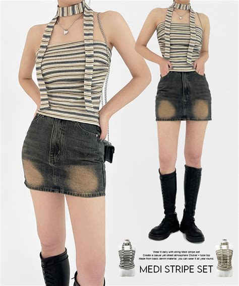 레이어드룩 메디 스트라이프 세트초커튜브탑 에이블리
