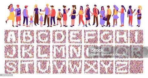 군중 글꼴 아이소메트릭 탑뷰 시민이 있는 사회적 타이포그래피 네거티브 스페이스 벡터 세트에서 알파벳 문자를 가진 사람들의