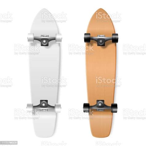 스케이트 보드 벡터 현실적인 3d 렌더링 빈 흰색과 갈색 나무 스케이트 보드 아이콘 설정 닫닫기 흰색 배경에 격리 모형에 대한 상단 하단보기를 보여주는 스케이트 보드의