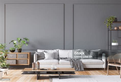 거실 인테리어 흰색 소파 안락 의자 신선한 식물과 나무 커피 테이블의 많은 벽 모형 3차원 형태에 대한 스톡 사진 및 기타 이미지 3차원 형태 거실 디지털 생성