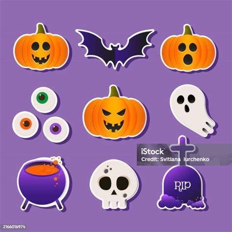 할로윈 스티커 세트 호박 유령 박쥐 컷 종이 스타일의 벡터 일러스트 레이 션 10월에 대한 스톡 벡터 아트 및 기타 이미지 10월 가을 공포 무서움 Istock