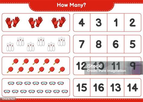 계산 게임 얼마나 많은 볼링 핀 고글 탁구 라켓 골키퍼 장갑 교육 어린이 게임 인쇄 워크 시트 벡터 일러스트레이션 0명에 대한 스톡 벡터 아트 및 기타 이미지 Istock