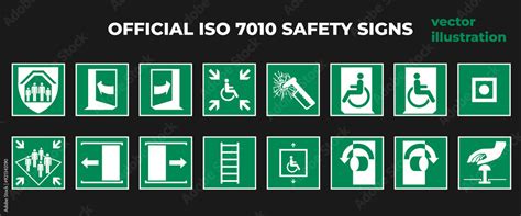 Official ISO Safety Signs Vector Drawings Green Emergency Exit Symbols Stock Vector