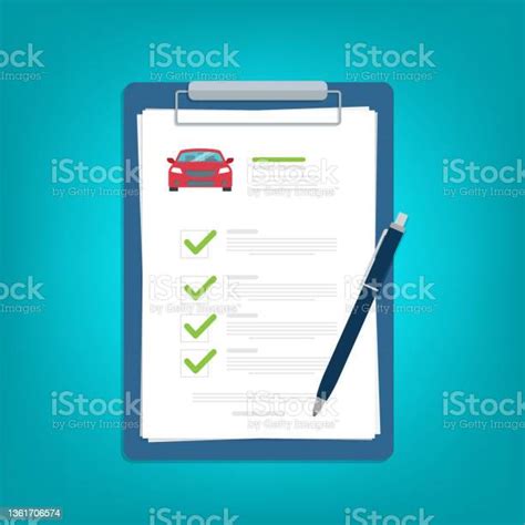 자동차 보험 문서 보고서 자동차 아이콘 차량 금융 자동차 대리점 법률 거래로 승인 된 종이 계약 체크리스트 또는 대출 체크 마크 양식 목록 체크리스트에 대한 스톡 벡터 아트