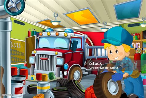 차고 기계 작업 일부 차량소방 자동차수리 또는 직장 청소와 만화 장면 교통수단에 대한 스톡 벡터 아트 및 기타 이미지 교통