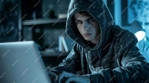 Premium Photo Teenager Hacker Male In And Hood Sitting In Apartment Typing On Laptop Hacking