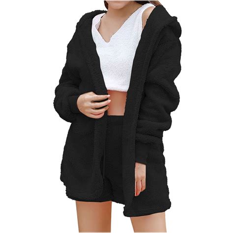Besolor Womens Fuzzy Fleece 3 Piece Sets Pajamas Outfits Warm Hooded Cardigan Jacket Coat And