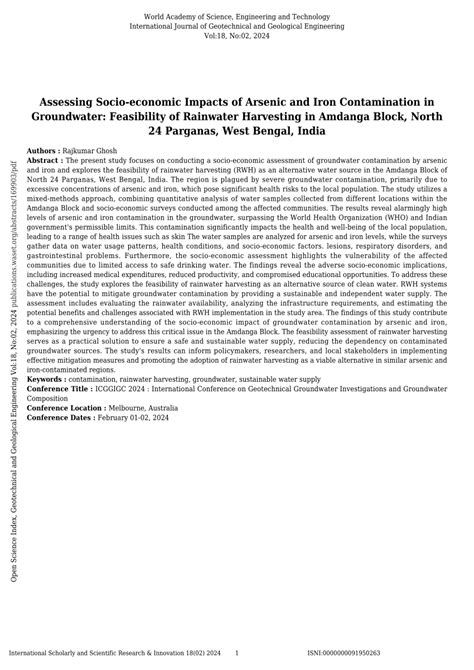 Pdf Assessing Socio Economic Impacts Of Arsenic And Iron Contamination In Groundwater
