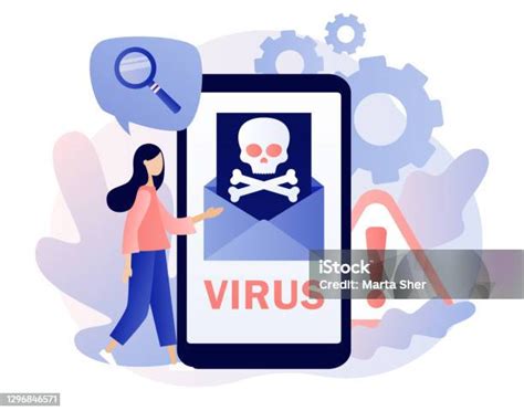 컴퓨터 바이러스 스마트폰 화면에 두개골이 있는 봉투 해커 공격 및 웹 보안 사기 경고 스팸 악성 응용 프로그램 현대 플랫 만화 스타일 흰색 배경의 벡터 그림 개념에 대한