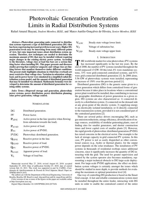 Photovoltaic Generation Penetration Limits In Radial Distribution Systems Pdf Distributed
