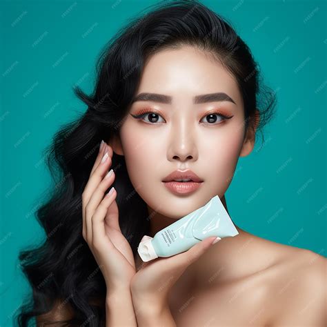Premium Photo Korean Woman Holding Tube Of Facial Cream On Turquoise