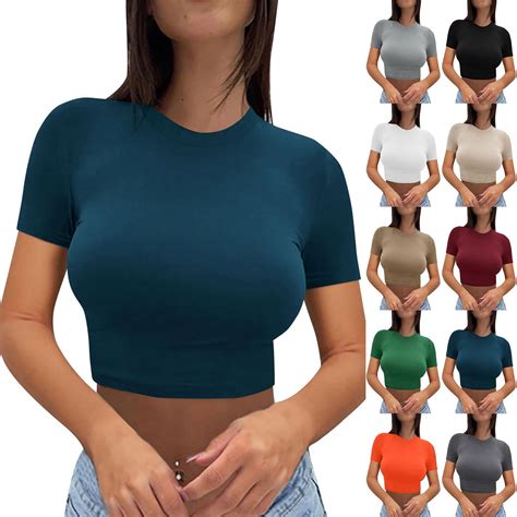 Dxzfnsa Womens Crop Tops Summer Short Sleeve Cotton Round Neck Casual