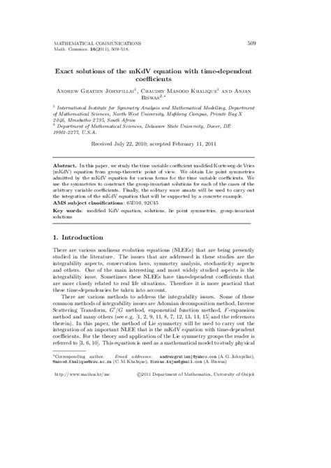 Pdf Exact Solutions Of Kdv Equation With Time Dependent Coefficients