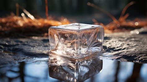 Premium Photo A Small Ice Block Sitting On Top Of A Puddle Of Water
