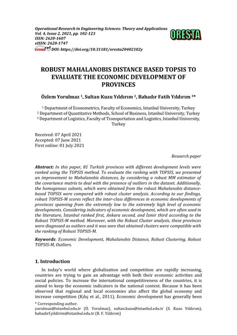 Pdf Robust Mahalanobis Distance Based Topsis To Evaluate The Economic Development Of Provinces