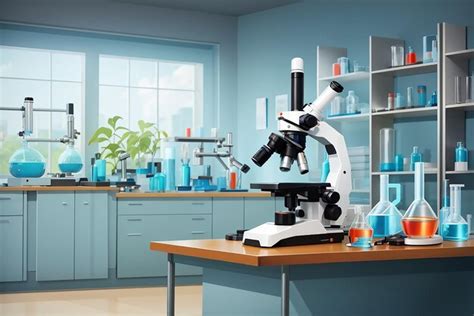 Premium AI Image Microscope And Test Tubes With Lab Glassware In Laboratory Background