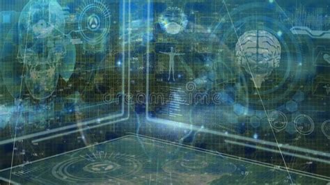 Animation Of Rotating Globe Over Screens With Scientific Data Stock