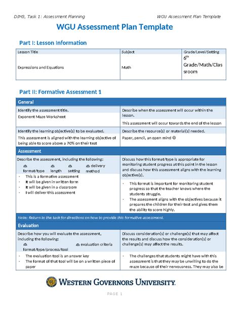 Two Formative One Summative Wgu Assessment Plan Template Part I
