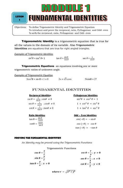 Module 2nd Quarter Trigonometry Trigonometric Identity Is A Trigonometric Equation That Is