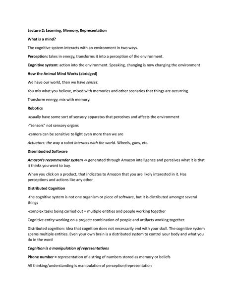 Lecture Lecture Learning Memory Representation What Is A Mind The Cognitive System