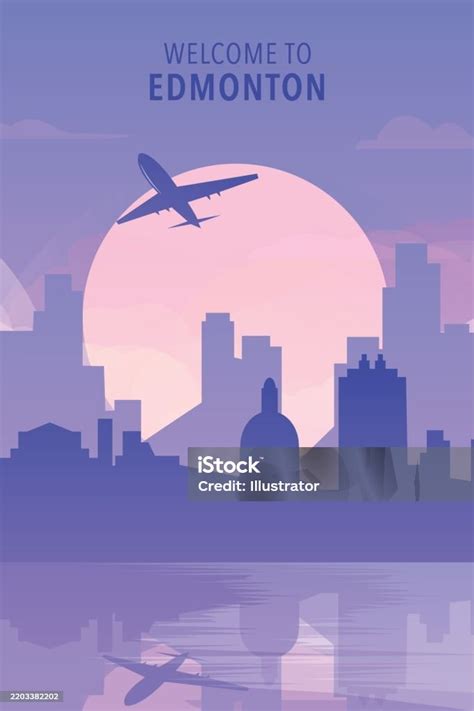 캐나다 에드먼턴에 오신 것을 환영합니다 그라데이션 알버타 지방 도시 포스터 스카이 라인 Watefront 및 비행기 모양의 카드 북아메리카 여행 벡터 일러스트 레이 션 인쇄