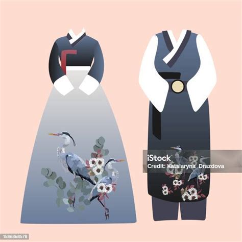 한복 전통 의상을 입은 한국인 커플 흰색 배경에 분리된 평면 벡터 만화 그림 남자에 대한 스톡 벡터 아트 및 기타 이미지